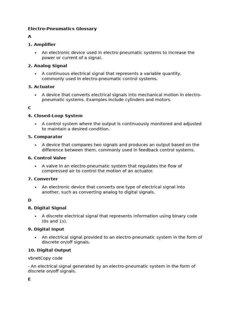 Electro Pneumatic Glossary | PDF | Feedback | Electricity