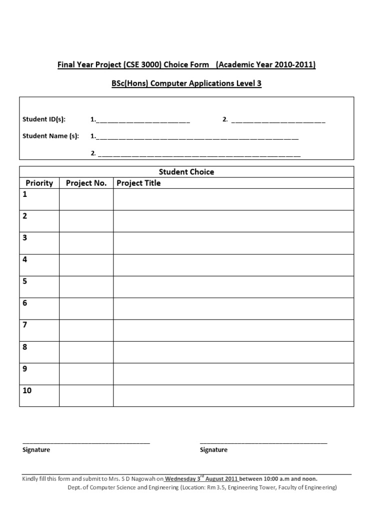 Final Year Project Choice Form. | PDF
