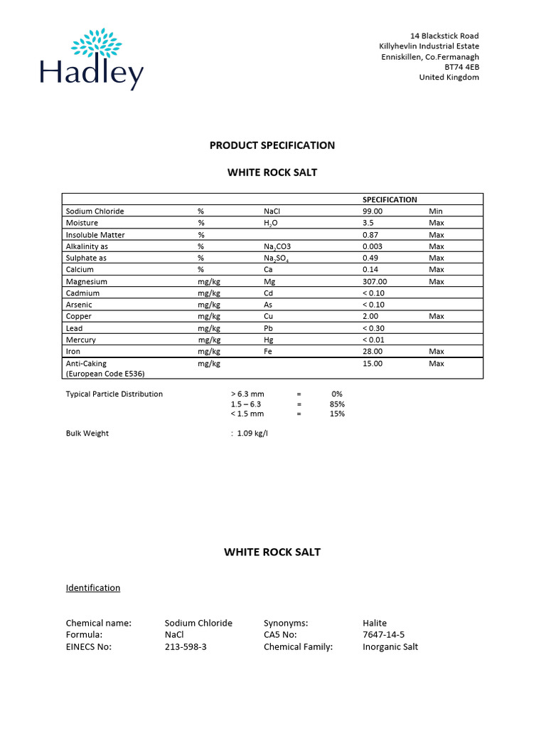 Hadley-White-Rock-Salt-Specification | PDF | Sodium Chloride | Magnesium