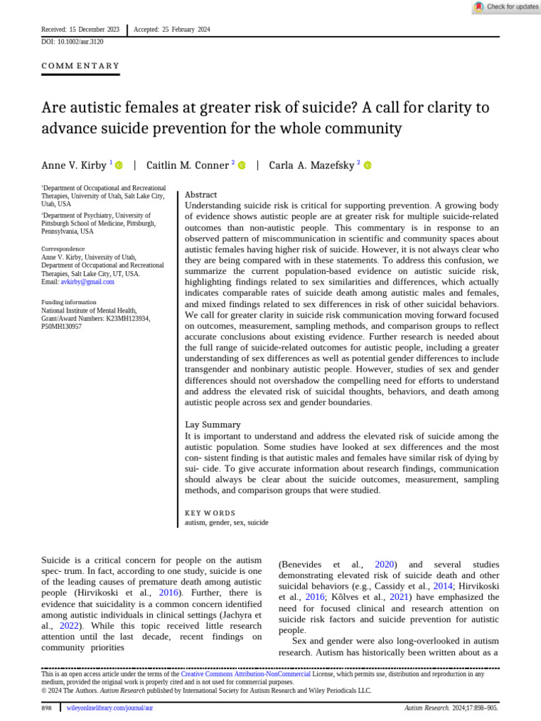 Autism Research - 2024 - Kirby - Are Autistic Females at Greater Risk ...