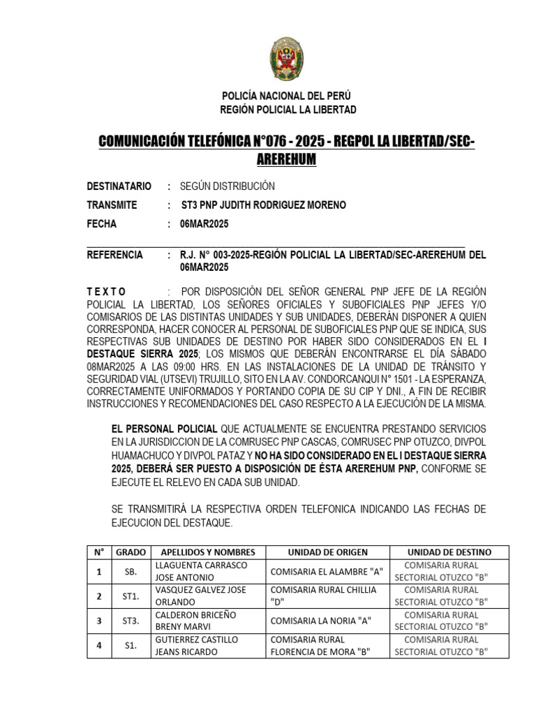 Comun. Telef. #076 - 2025 I Destaque Sierra 2025 | PDF | Cumplimiento de la ley | Crimen y violencia