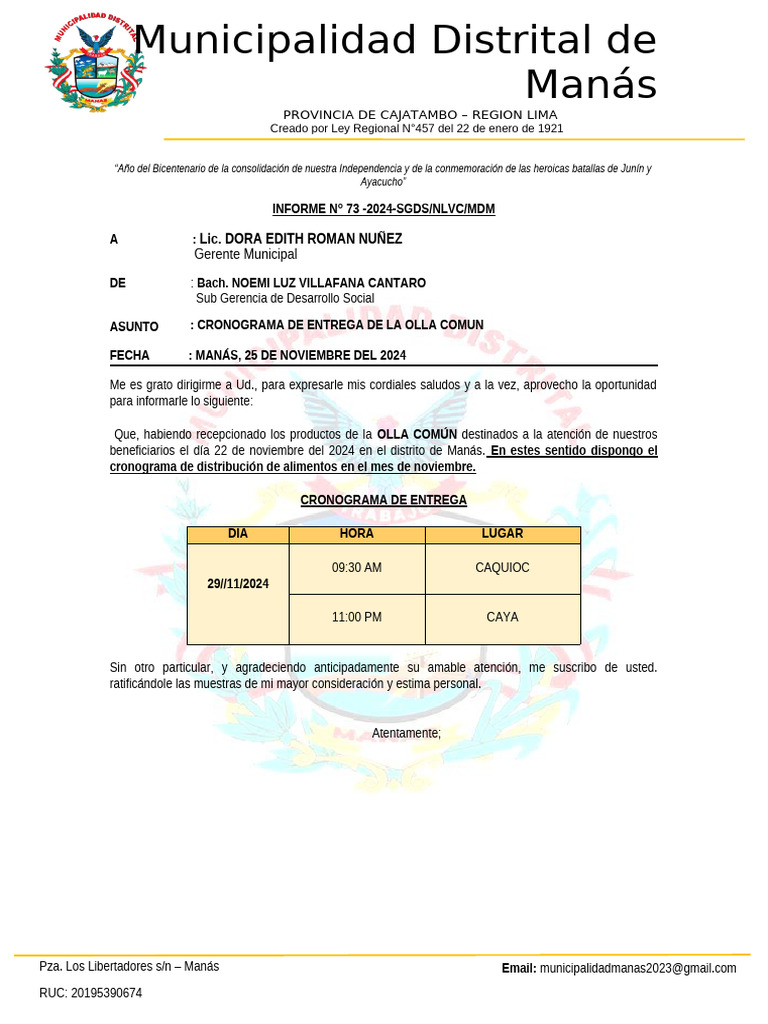 Informe #73 Cronograma de Entrega de Olla Comun (Noviembre) | PDF