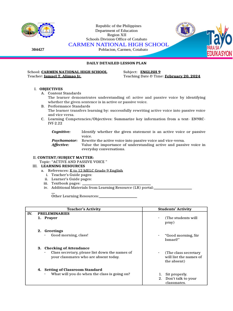 English 9 Lesson Plan: Active & Passive Voice | PDF | Verb | Subject ...