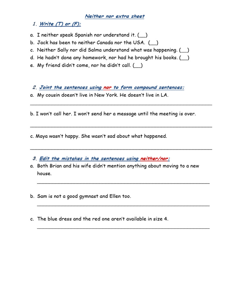 Extra Sheet Neither Nor | PDF