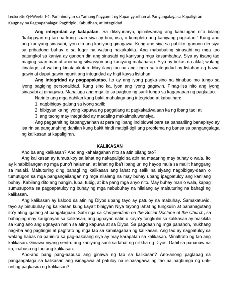 Lecturette Q4 Weeks 1 2 Paninindigan NG Tao Sa Paggamit NG ...