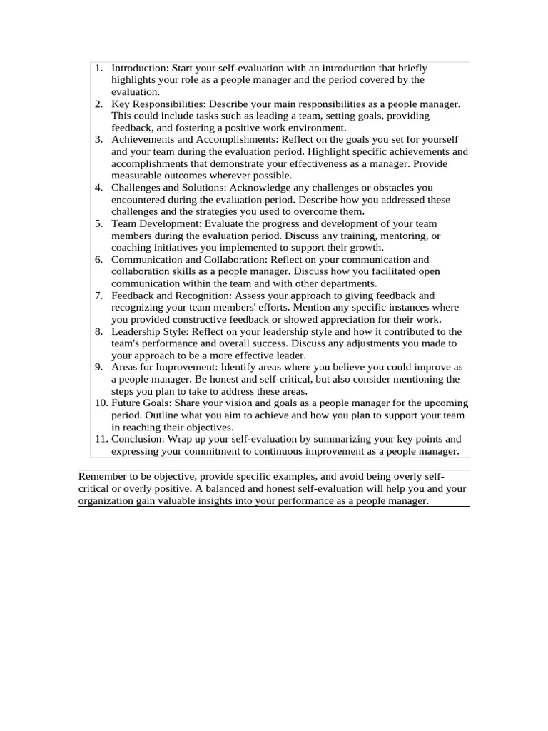 Self-Evaluation Guide for Managers | PDF | Evaluation | Goal