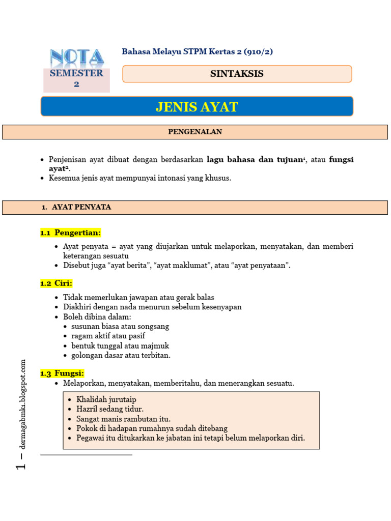 Semester 2 - Sintaksis - Jenis Ayat | PDF