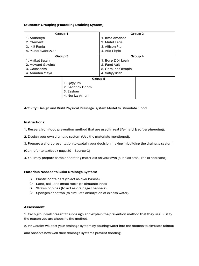 Students' Grouping (Modelling Draining System) - Y10-2 | PDF
