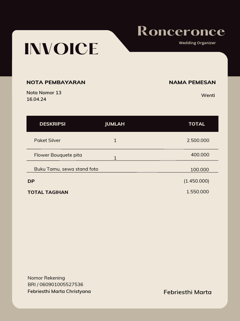 Krem Cokelat Modern Minimalis Invoice Pemesanan Sewa Villa Invoice | PDF