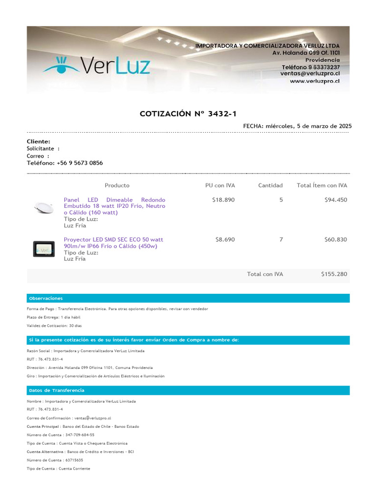 Cotizacion - VerLuz - 3432-1 - 56 9 5673 0856 | PDF