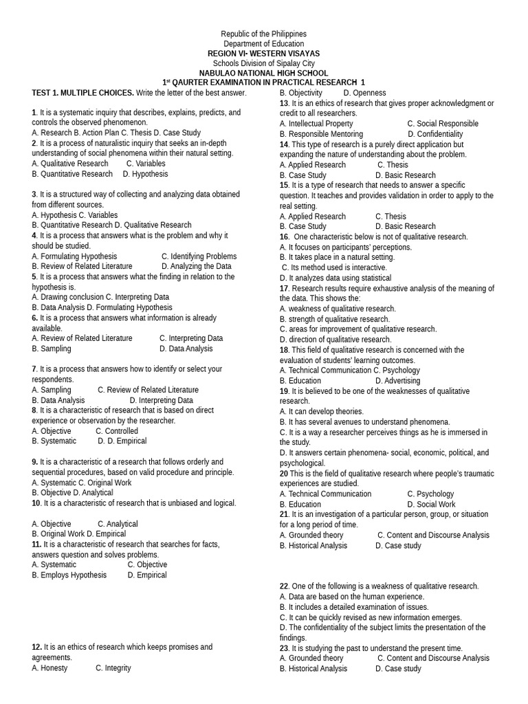 1st Quarter Assessment Practical Research 1 2025 | PDF | Qualitative Research | Analysis