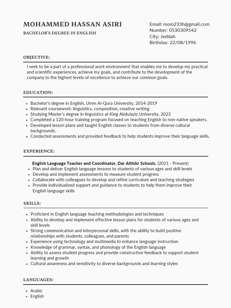 Mohammed Hassan Asiri: Objective | PDF