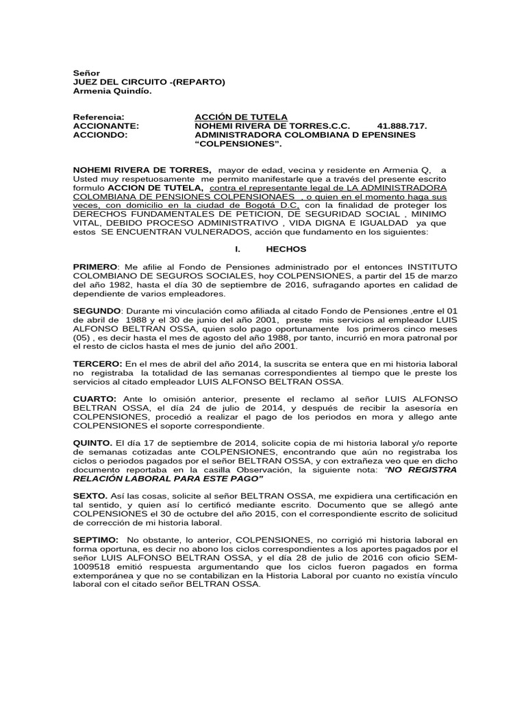 Tutela contra Colpensiones por pensión | PDF | Petición | Pensión