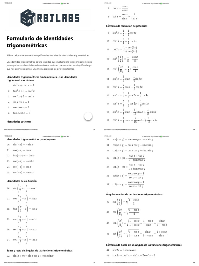 Formulario Parcial 1 | PDF | Funciones trigonométricas | Geometría ...