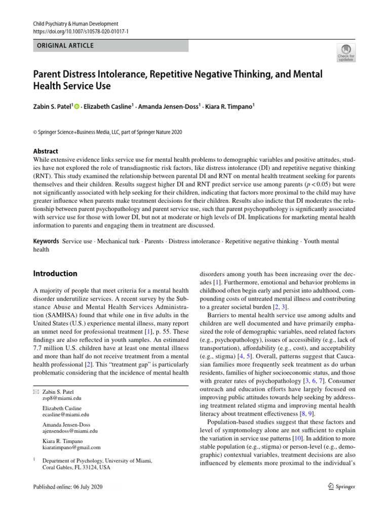 Parent Distress Intolerance, Repetitive Negative Thinking | PDF ...