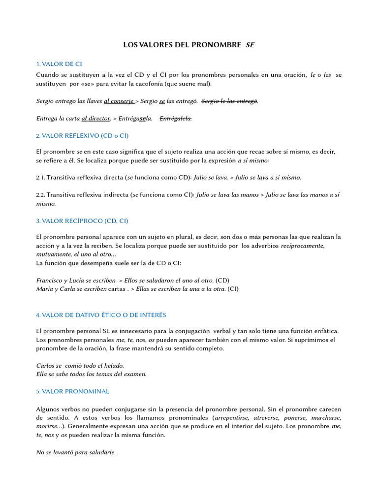 LOS VALORES PRONOMBRE SE | PDF | Pronombre | Verbo