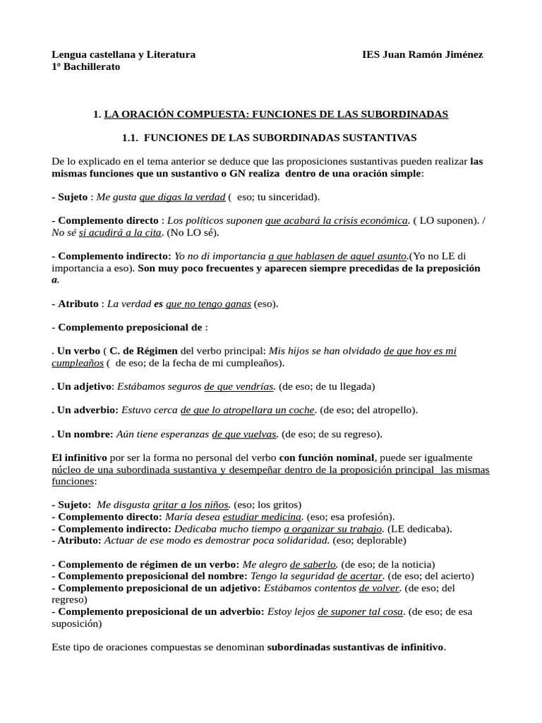 La Oración Compuesta. Funciones de Las Subordinadas. Ejercicios 2024 ...