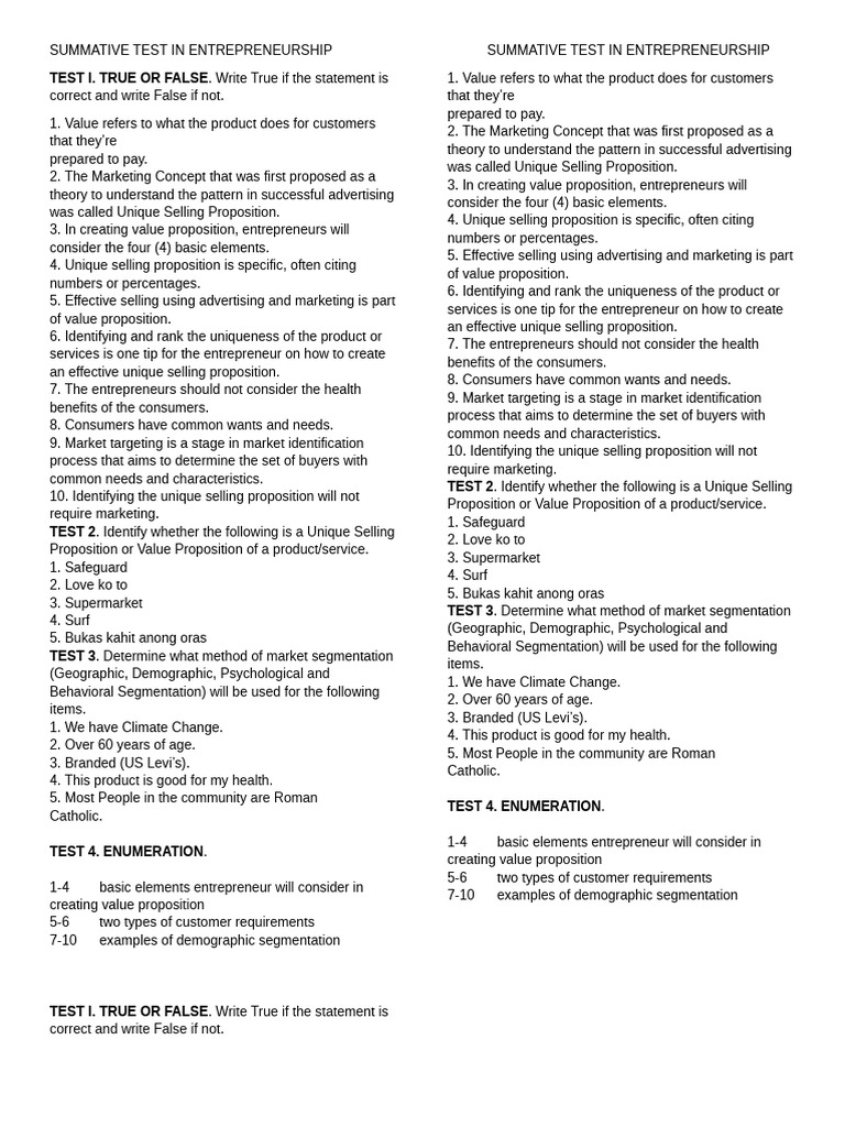 Summative Test in Entrepreneurshiip Module 3 | PDF | Marketing ...
