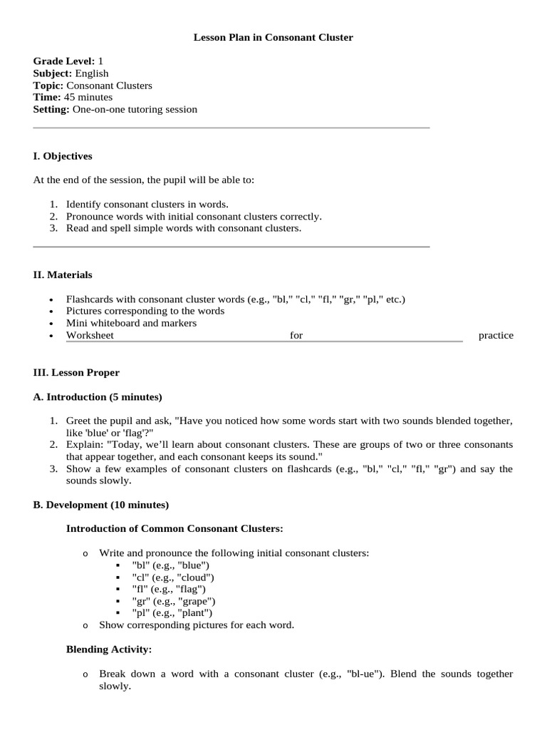 Lesson Plan in Consonant Cluster | PDF | Languages | Foreign Language ...
