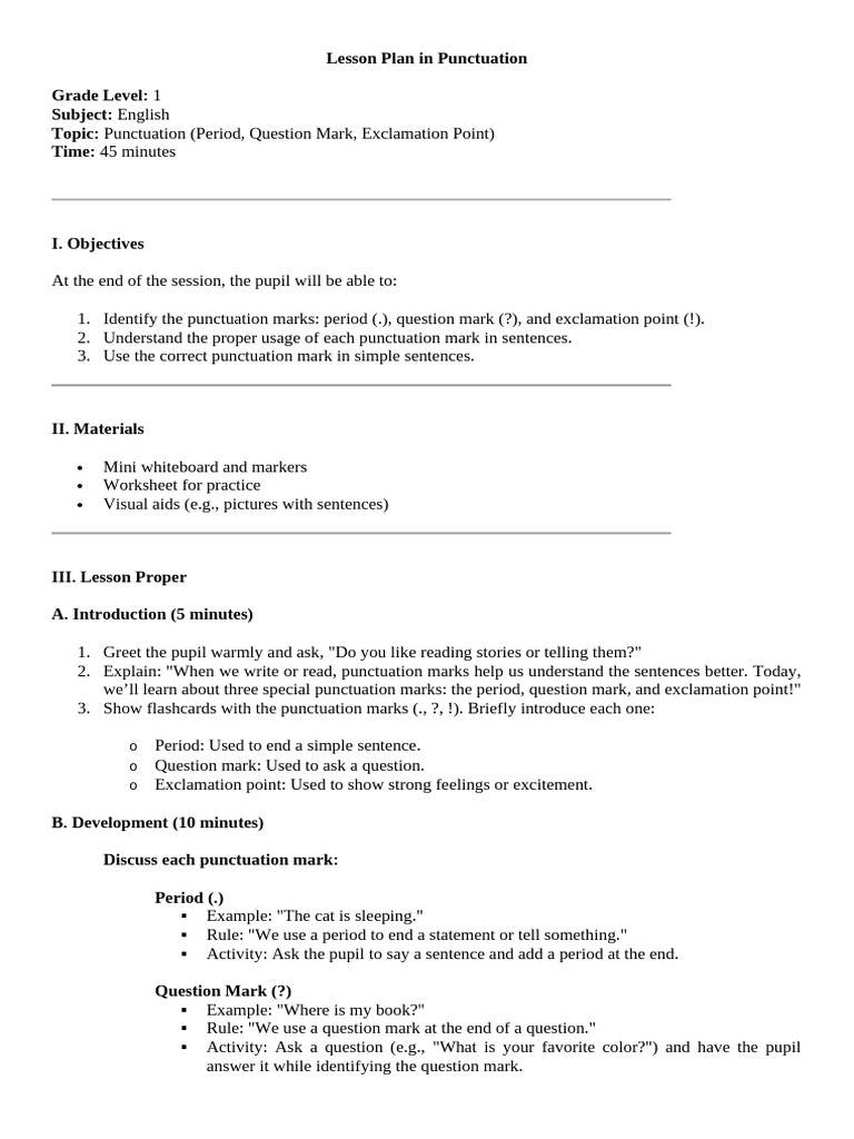 Lesson Plan In Punctuation Pdf Punctuation Lesson Plan