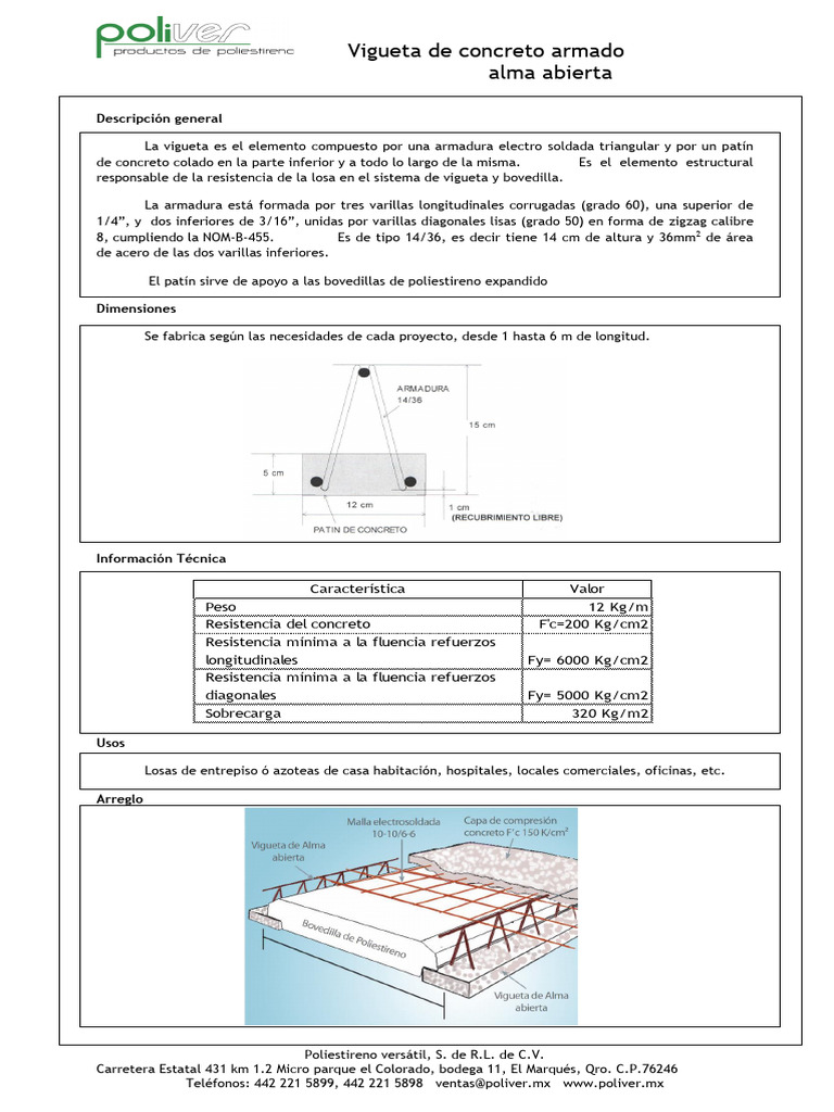 Ficha Técnica Vigueta Alma Abierta Poliver | PDF