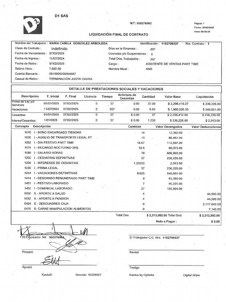 Maria Camila Gonzalez Arboleda - Liquidacion | PDF
