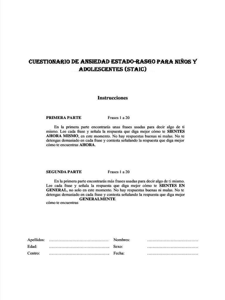 Test STAIC Ansiedad en Niños Baremos | PDF