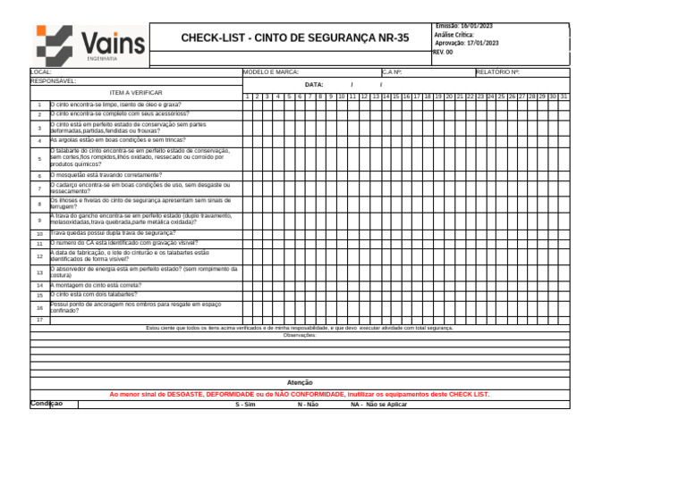 Check List - Cinto de Seggurança NR35 - 2023 - REV00 | PDF