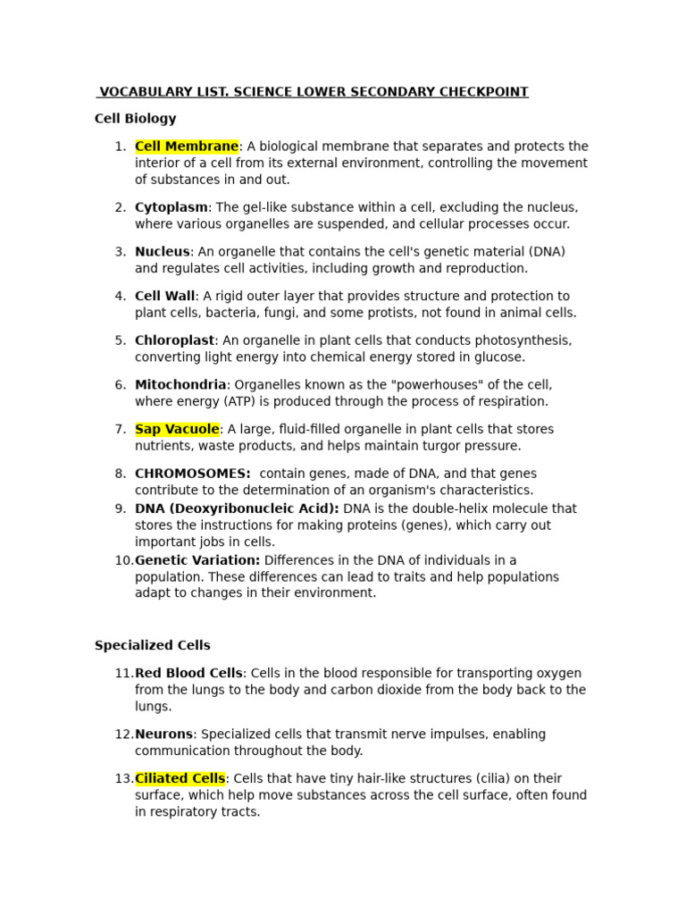 Vocabulary List Checkpoint Science - Last Version | PDF | Cell (Biology ...