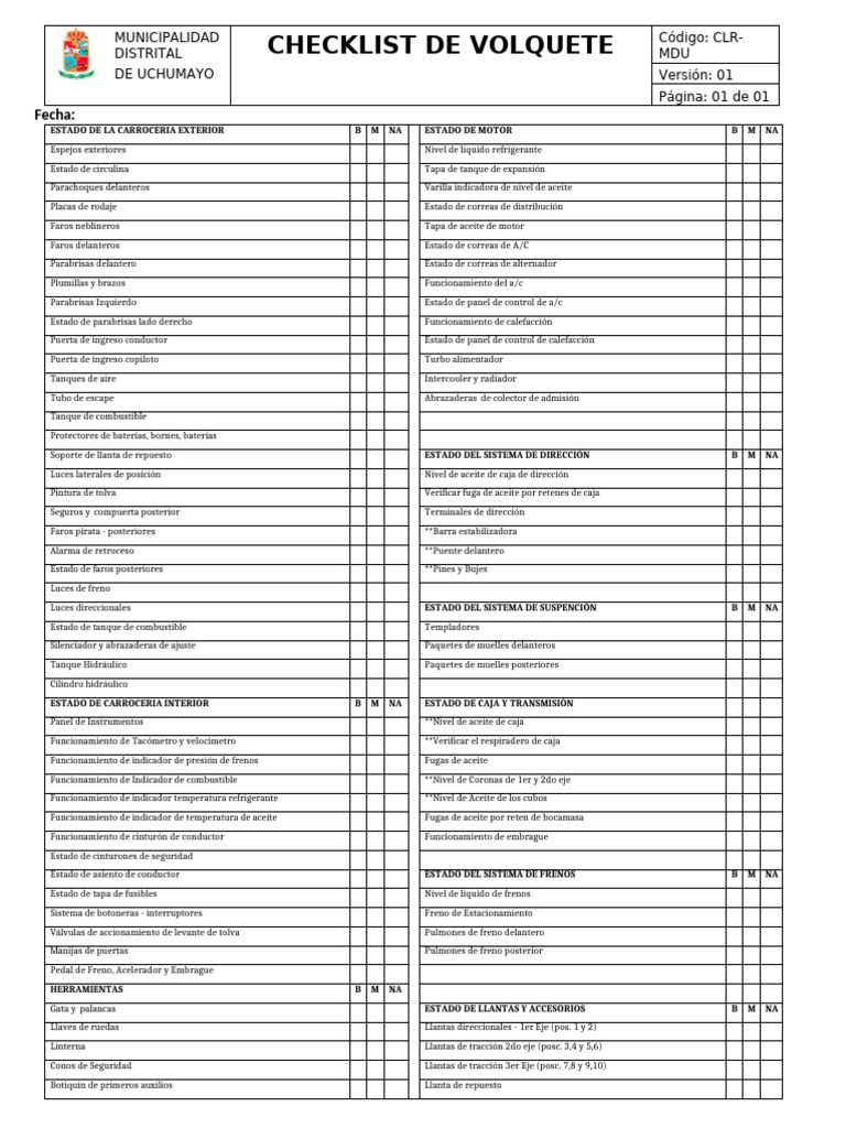 Chekc List Del Volquete | PDF | Tecnología de vehículos | Vehículo de motor