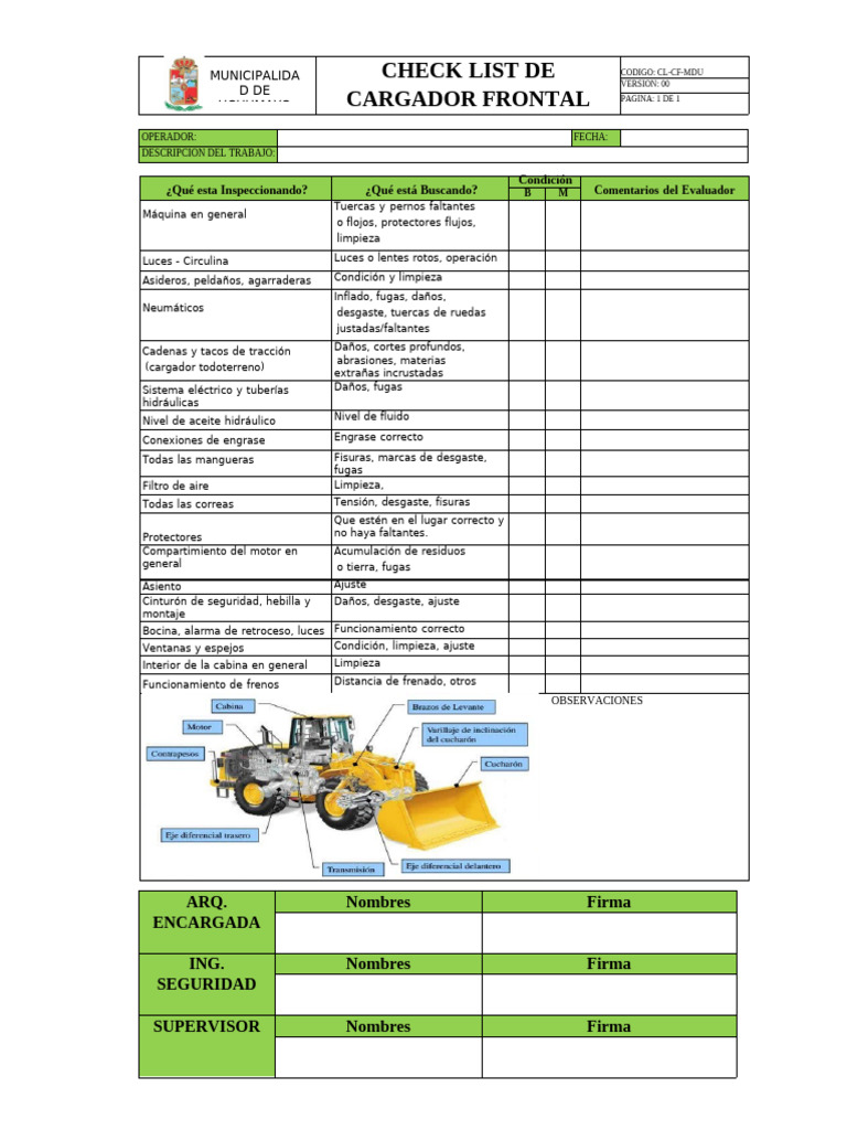 Checklist de Inspección Cargador Frontal | PDF | Industria automotriz ...