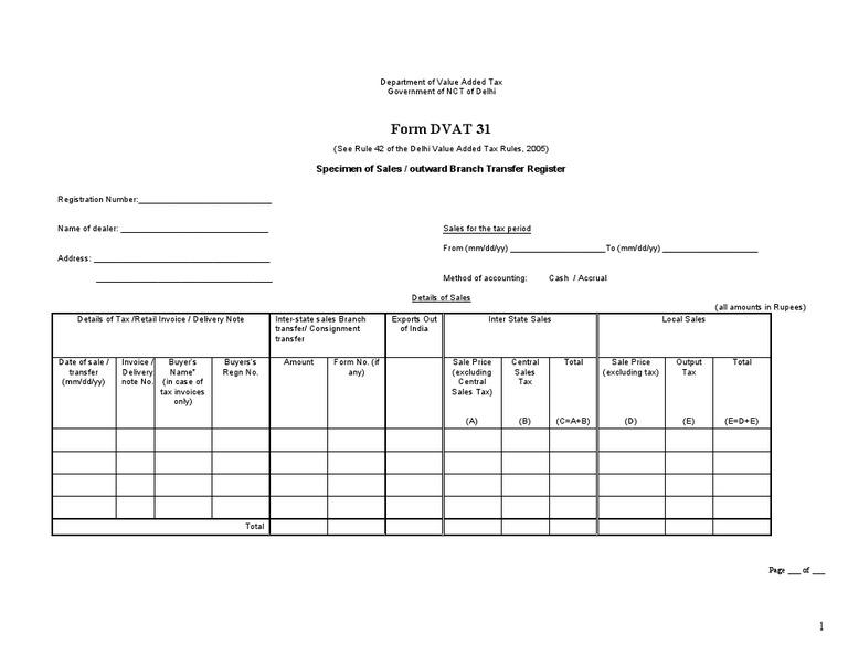 DVAT 31 Sales Transfer Register Form | PDF