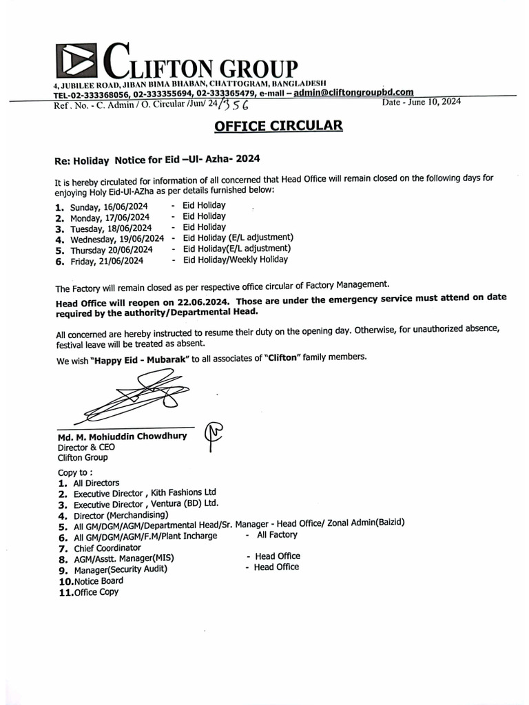 Office Circular - EID Ul Azha-24 | PDF