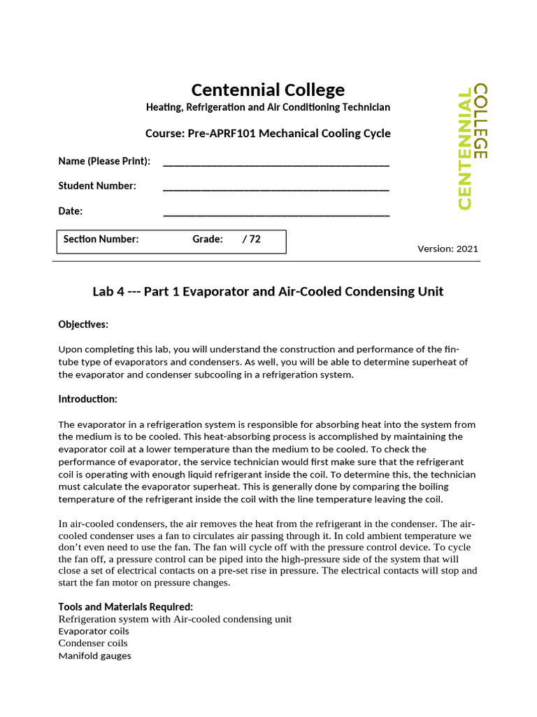 Pre-APRF101 Lab 4 - Part 1 Evaporator & Air-Cooled Condensing Unit | PDF | Transport Phenomena ...