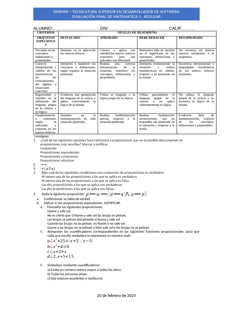 Ex Mat 1 - Soft 1 Reg | PDF | Proposición | Lógica matemática