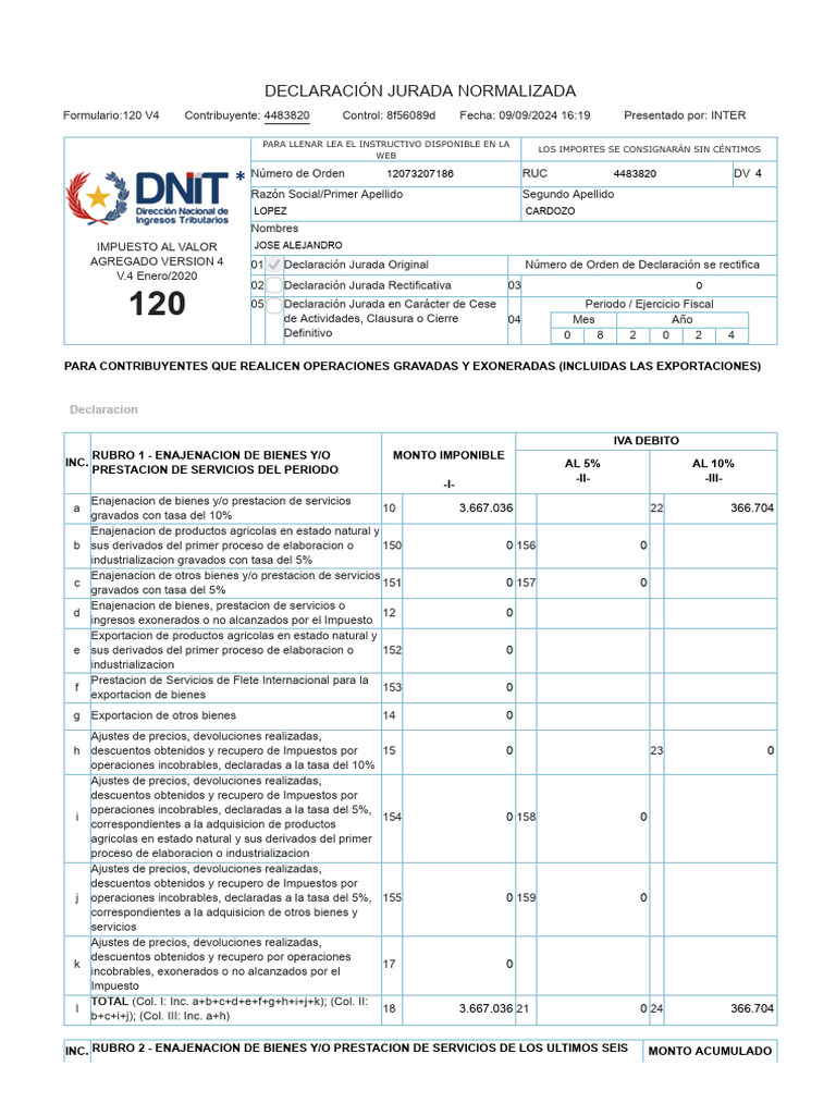Declaración Jurada IVA Formulario 120 V4 | PDF | Impuesto al valor ...