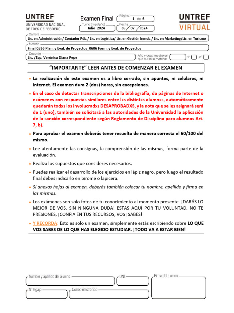 Modelo Final Formulacion y Evaluacion de Proyetos UNTREF | PDF | Contabilidad | Economias