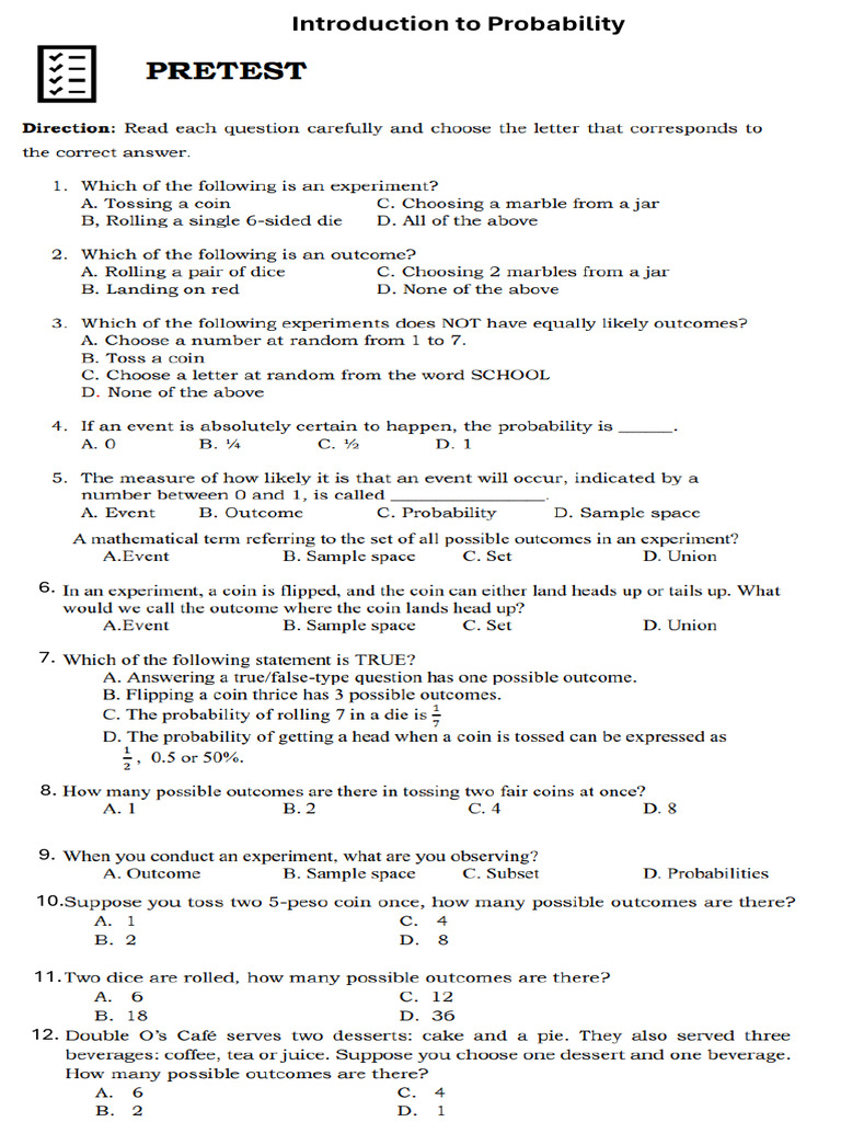 Worksheets On Experiments, Outcomes and Probability | PDF