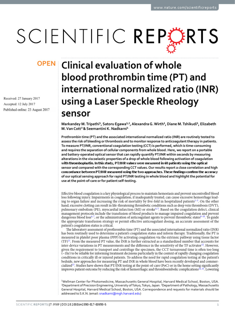 Clinical Evaluation of Whole Blood Prothrombin Time (PT) and ...