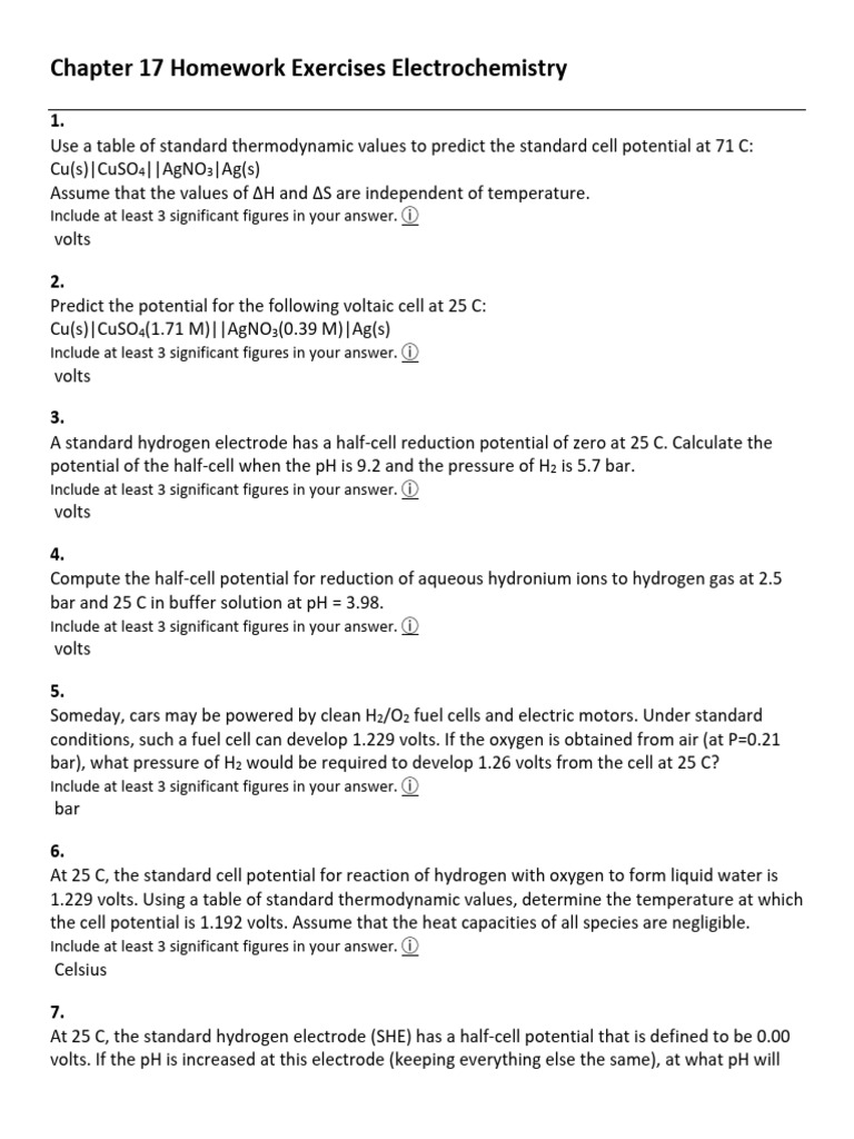Chapter 17 Homework Exercises Electrochemistry | PDF | Redox | Electrochemistry