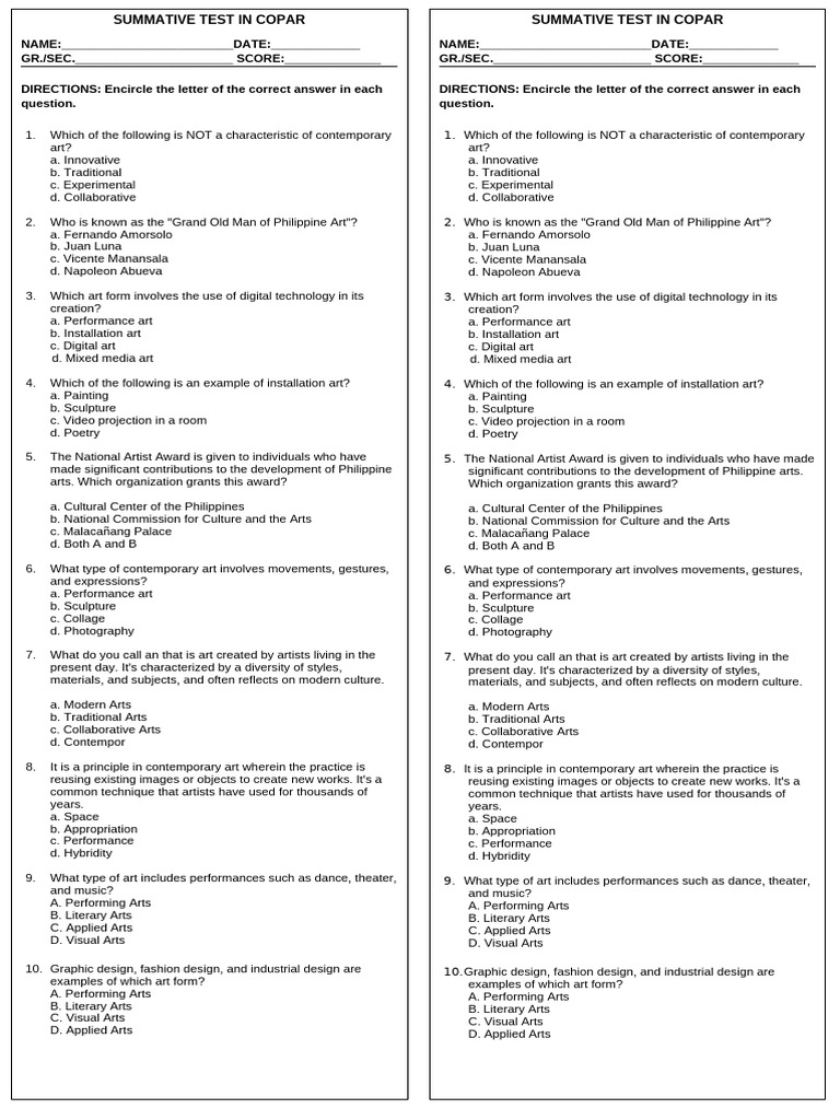 SUMMATIVE TEST COPAR - 3RD QUARTER_NO ANSWERS KEY | PDF | The Arts | Design