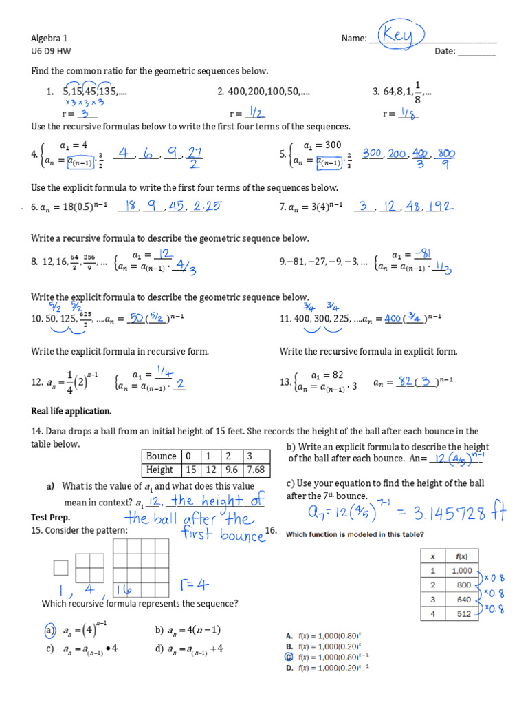 Day 9 HW Intro to Geo Sequences key | PDF | Formula | Mathematics
