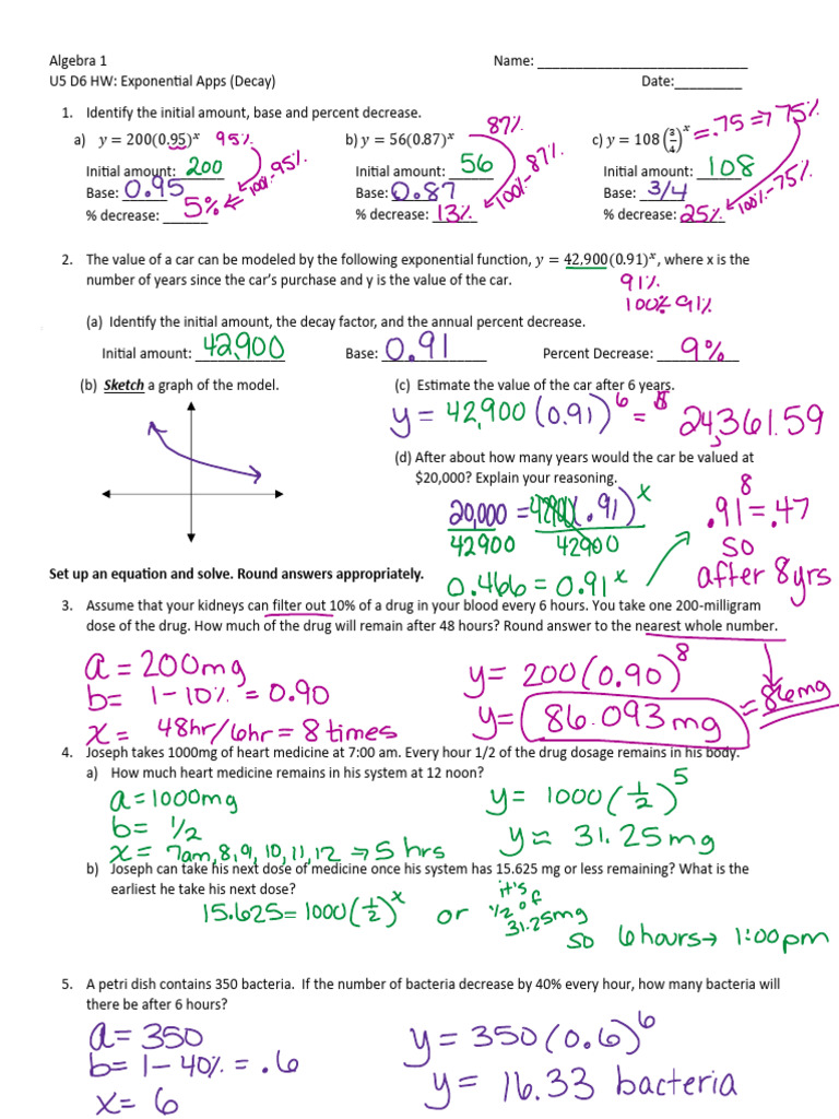 Day 6 KEY HW Exponential Decay Apps | PDF | Dose (Biochemistry) | Chemistry