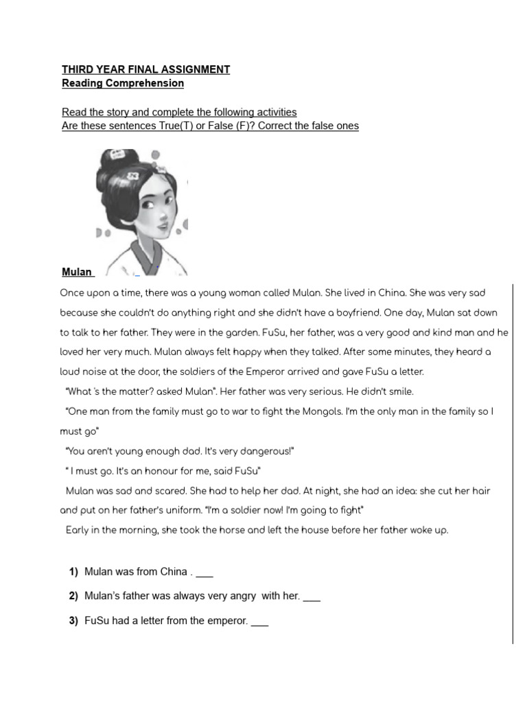 Mulan Reading Comprehension Assignment | PDF