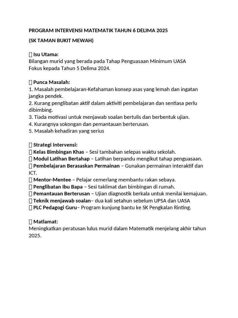 Program Intervensi Matematik Tahun 6 2025 | PDF