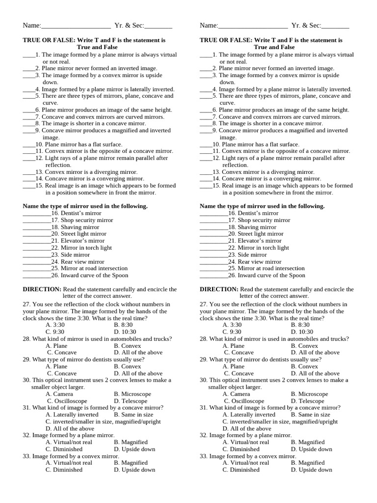 Quiz On Types of Mirrors | PDF | Reflection (Physics) | Mirror
