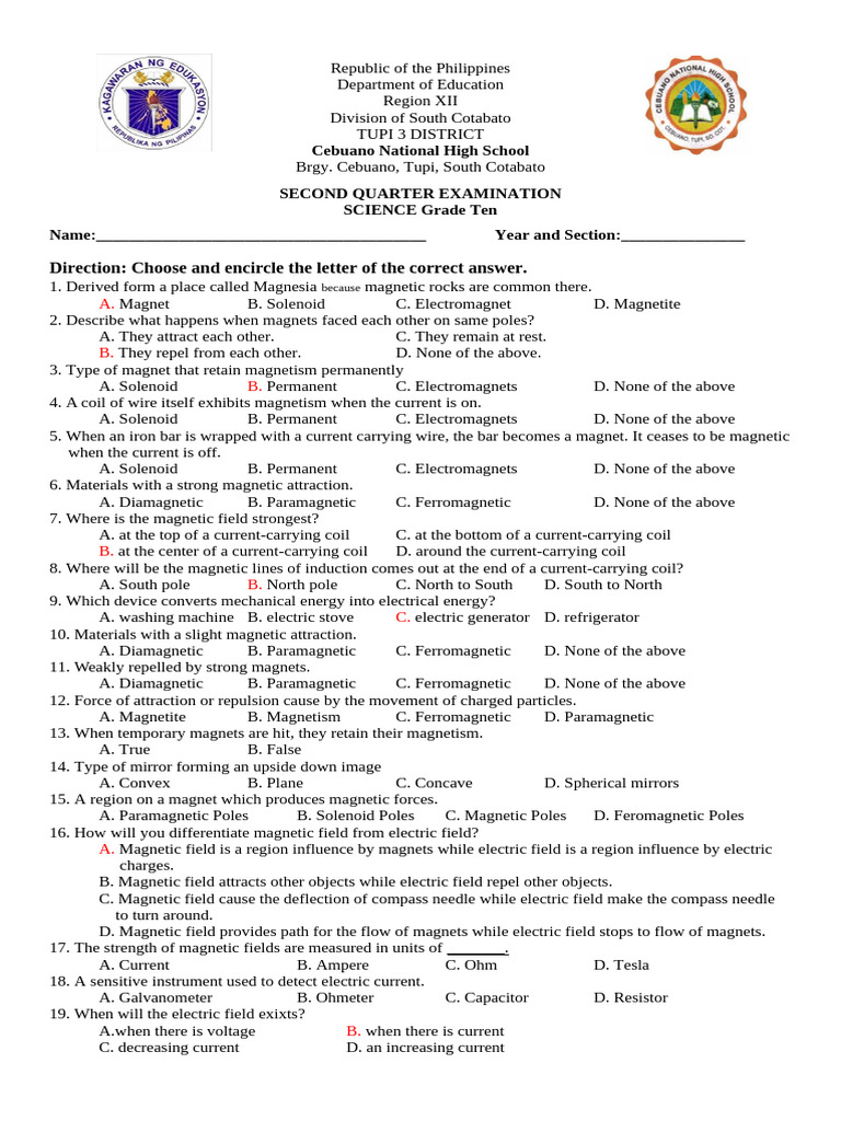 Grade 10 Science Exam: Magnetism & Waves | PDF | Electromagnetic ...