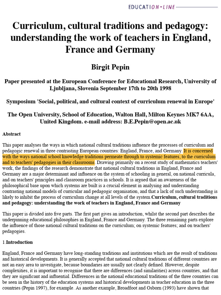 Curriculum, Cultural Traditions and Pedagogy Understanding The Work of ...