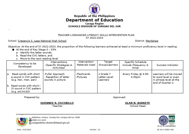 Escobillo Letter Level Enhanced Literacy Numeracy Intervention Plan Final | PDF | Literacy ...