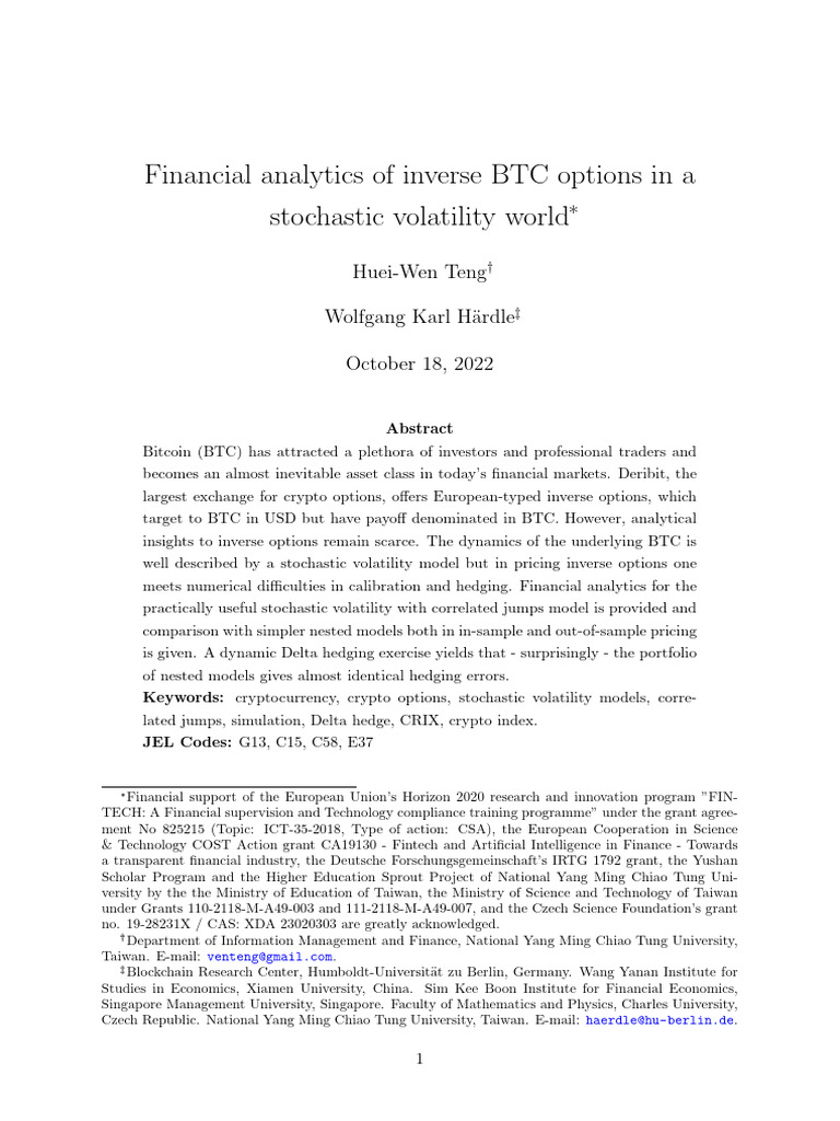 Financial Analytics of Inverse BTC Options in A Stochastic Volatility ...